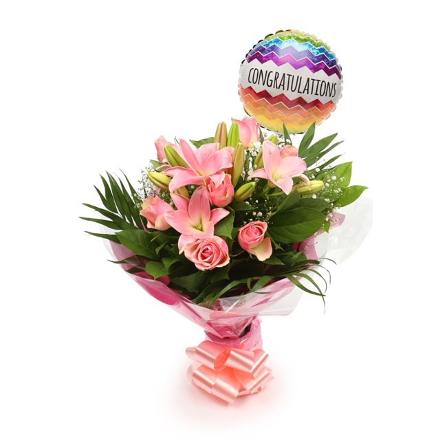 Congratulations Balloon & Pink Jewel Bouquet – Happy Days Factory